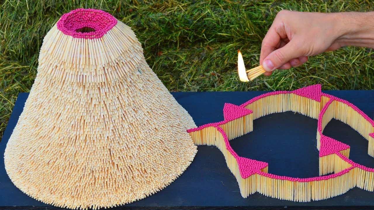 Volcano eruption – Match chain reaction fire domino experiment – Canvids